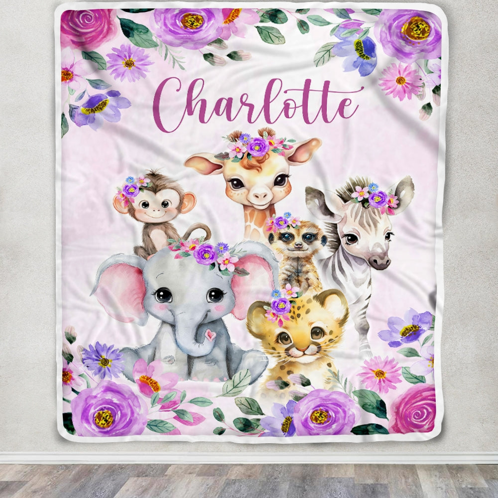 Personalized Purple Safari Baby Blanket Girl Custom Baby Name Cobijas ...
