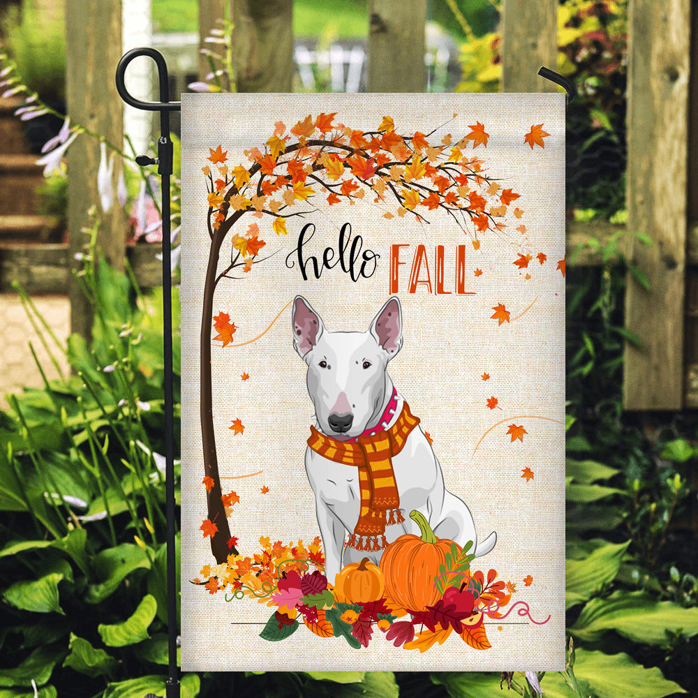 Hello Fall Bull Terrier Dog Flag Maple Leaves Orange Pumpkin Autumn ...