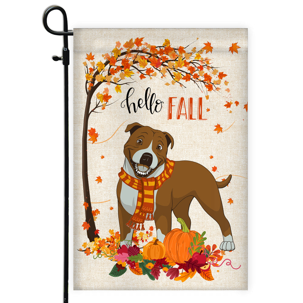 Hello Fall Pitbull Dog Flag Maple Leaves Orange Pumpkin Autumn Garden ...