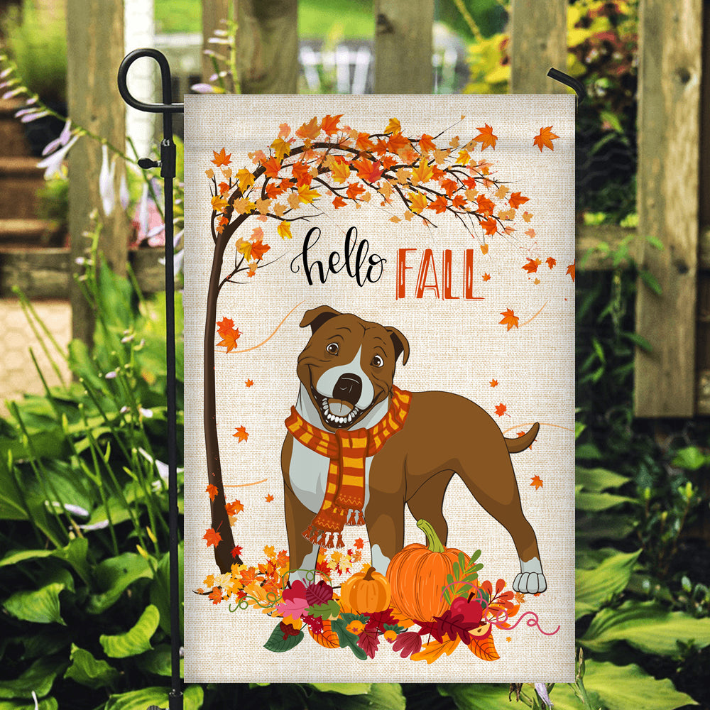 Hello Fall Pitbull Dog Flag Maple Leaves Orange Pumpkin Autumn Garden ...