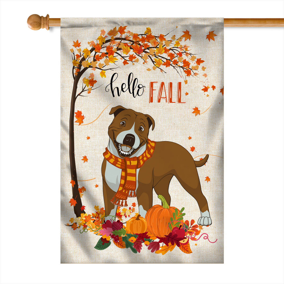 Hello Fall Pitbull Dog Flag Maple Leaves Orange Pumpkin Autumn Garden ...