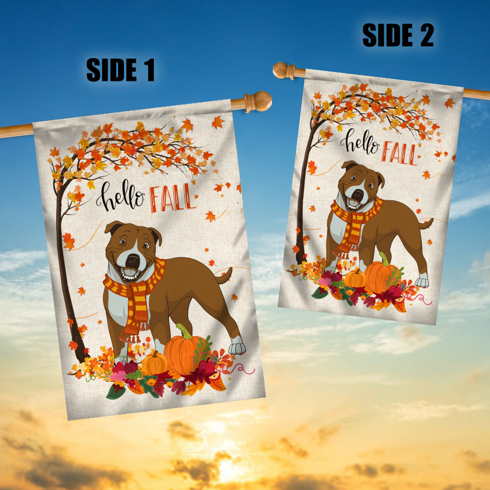 Hello Fall Pitbull Dog Flag Maple Leaves Orange Pumpkin Autumn Garden ...